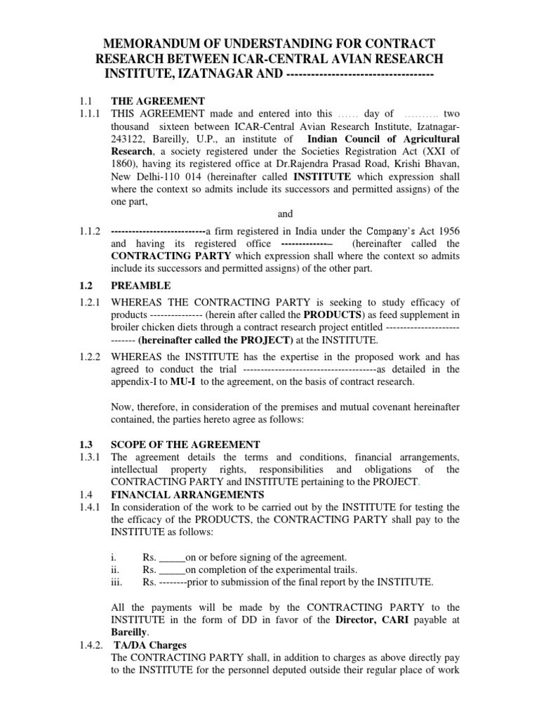 Memorandum of Understanding For Contract Research Between Icar-Central Avian Research INSTITUTE ...