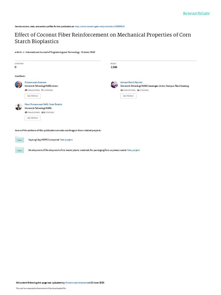 Effect of Coconut Fiber Reinforcement On Mechanical Properties of Corn Starch Bioplastics | PDF ...