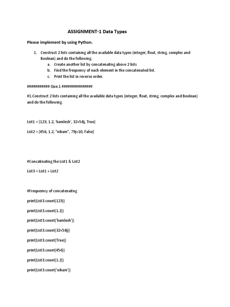 ASSIGNMENT-1 Data Types: Please Implement by Using Python | PDF | Boolean Data Type ...