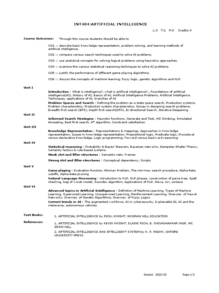 Int404 (Syllabus) | PDF | Artificial Intelligence | Intelligence (AI) & Semantics