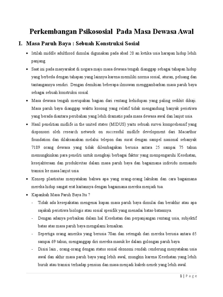 Psikososial Masa Dewasa Awal | PDF | Pengembangan Diri