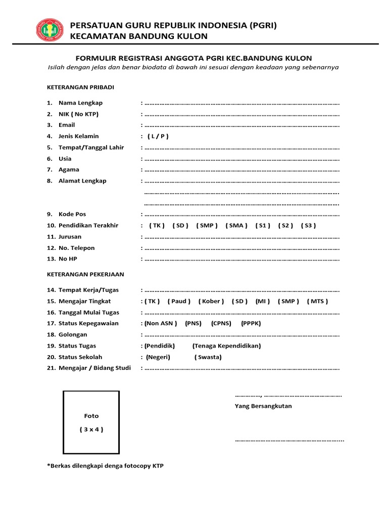 Formulir Registrasi Anggota PGRI Bandung Kulon | PDF | Game & Aktivitas | Griya & Taman