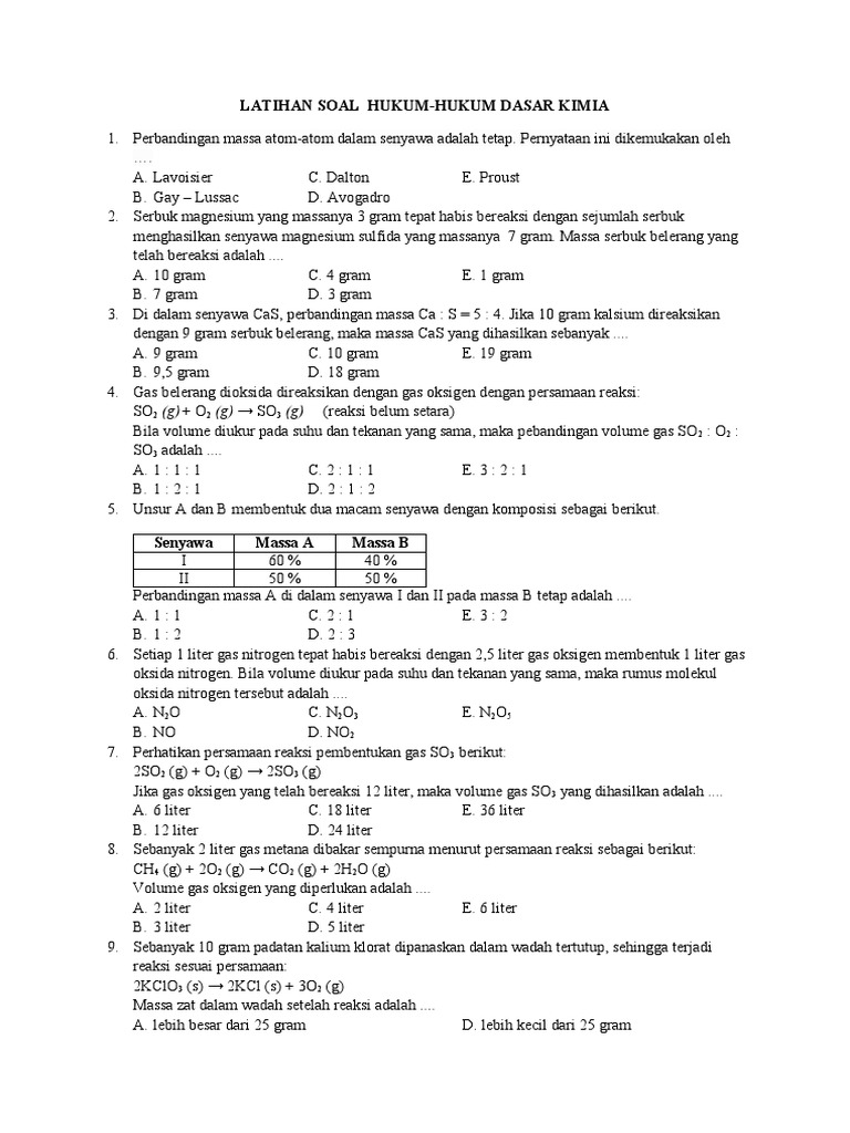 LATIHAN SOAL HUKUM DASAR KIMIA.docx | PDF