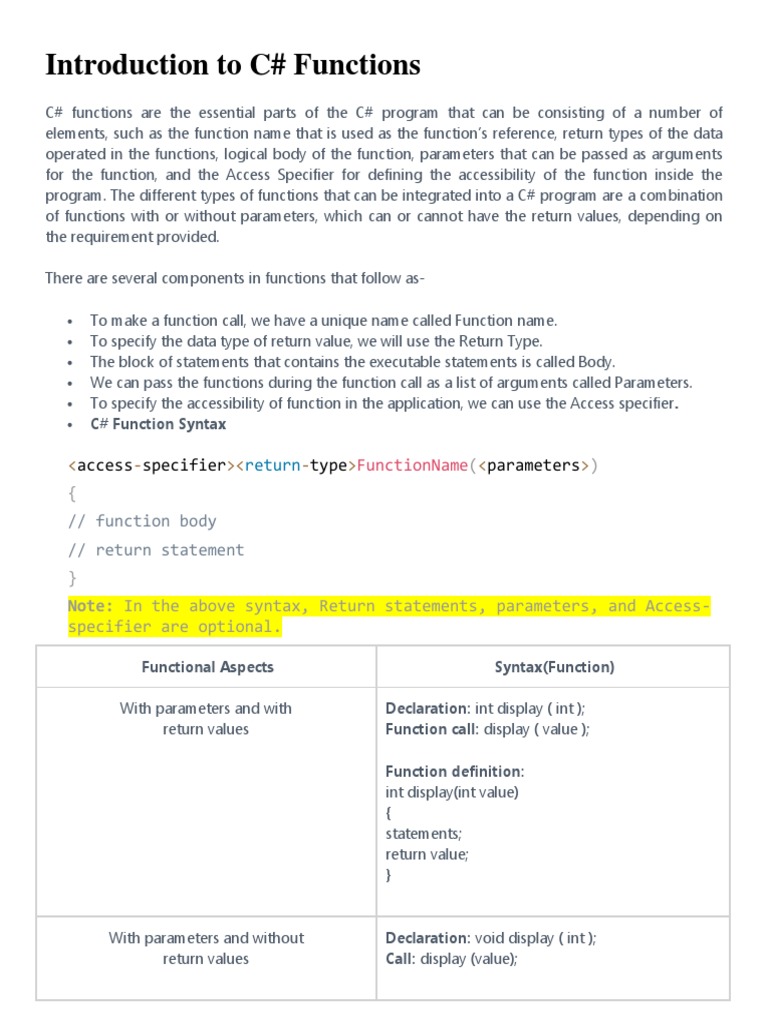 Function in C# PDF | Download Free PDF | Anonymous Function | Parameter (Computer Programming)