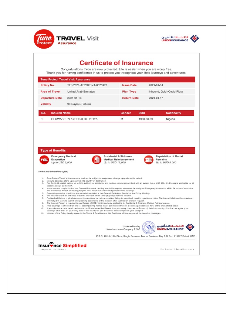 Certificate of Insurance: Tune Protect Travel Visit Assurance | PDF ...