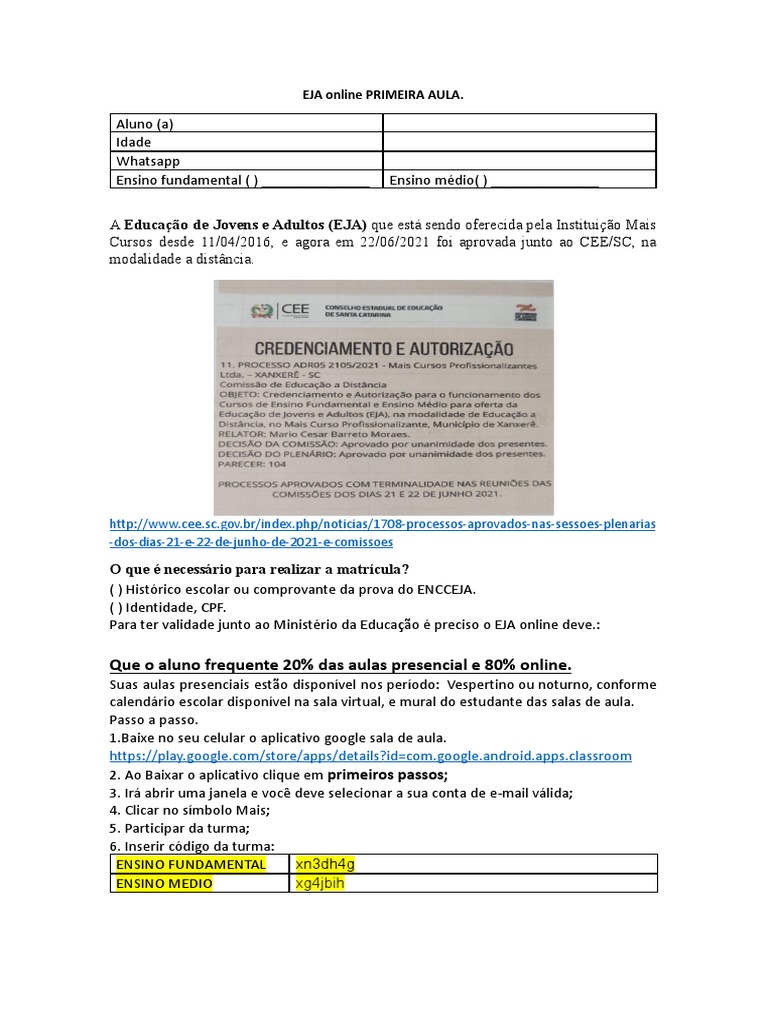 Primeira Aula EJA | PDF