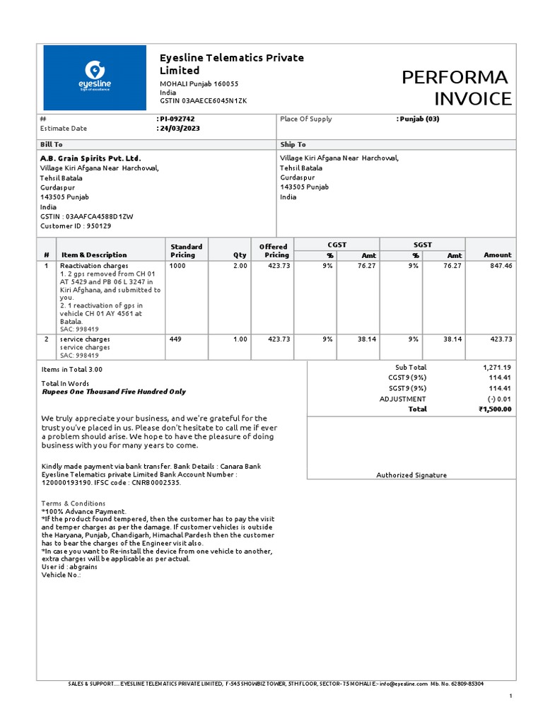 Performa Invoice: Eyesline Telematics Private Limited | PDF | Service ...