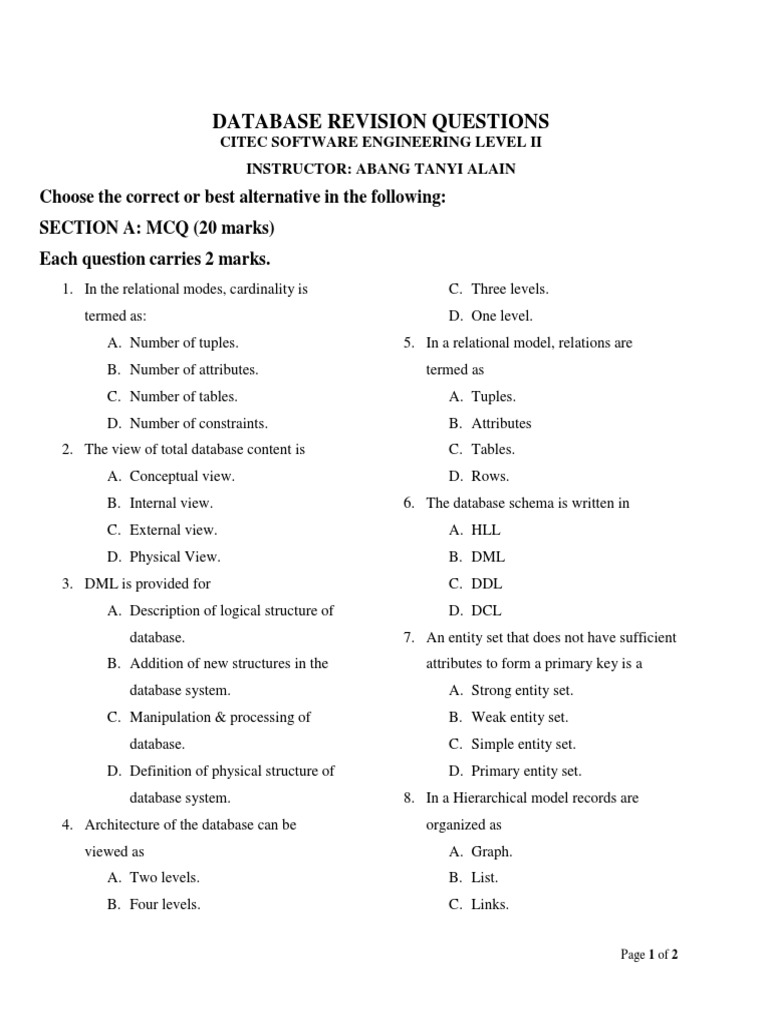 Database Revision Questions PDF | PDF | Relational Model | Data