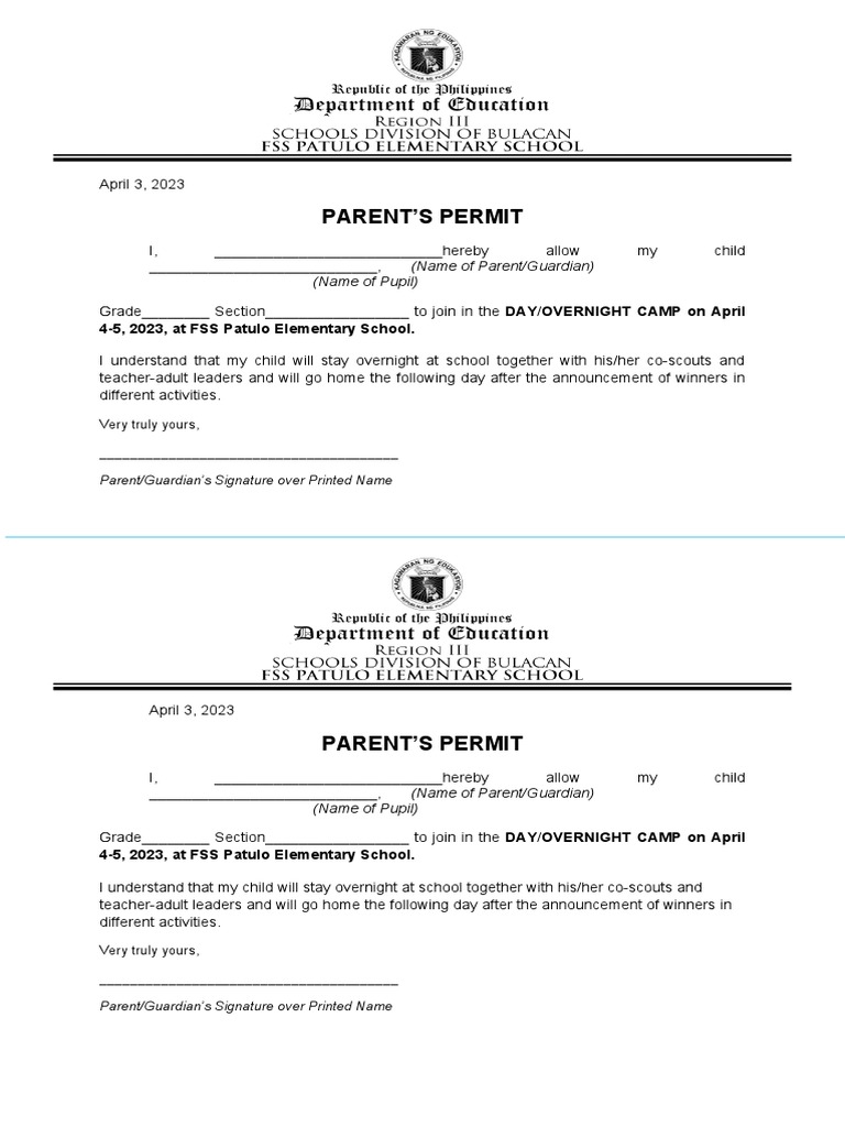 Parents Permit OVERNIGHT | PDF | Social Science | Wellness