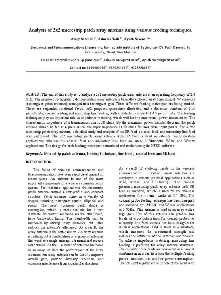 Analysis of 2x2 Microstrip Patch Array Antenna Using Various Feeding ...