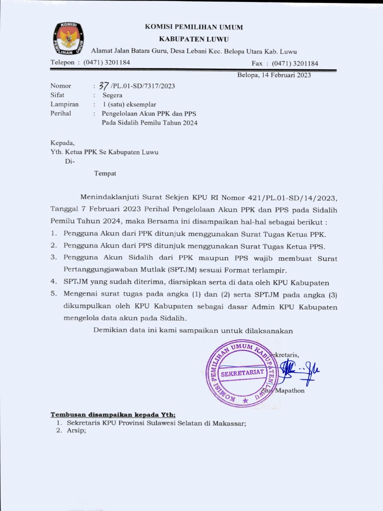 Surat Pengelolaan Akun PPK Dan PPS Sidalih Pemilu 2024 | PDF