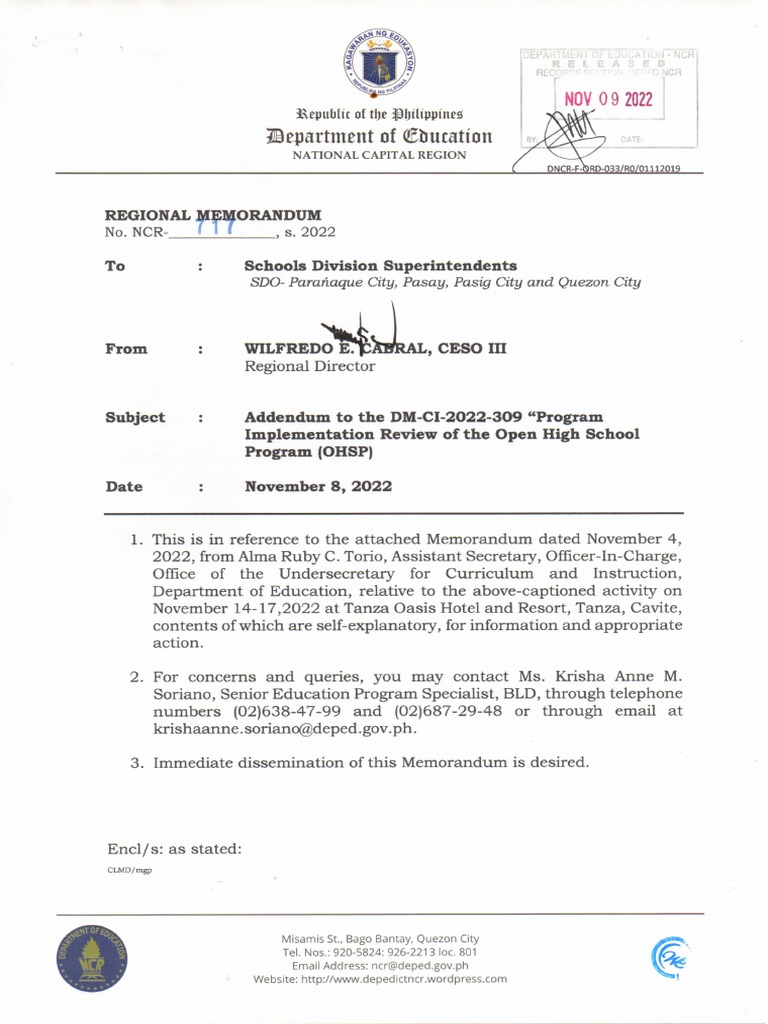 RM NO. 717 S. 2022 Addendum To The DM CI 2022 309 Program Implementation Review of The Open High ...