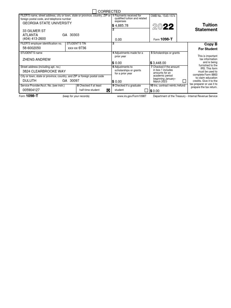 1098-T Copy B: Tuition Statement | PDF | Economies | Government Finances
