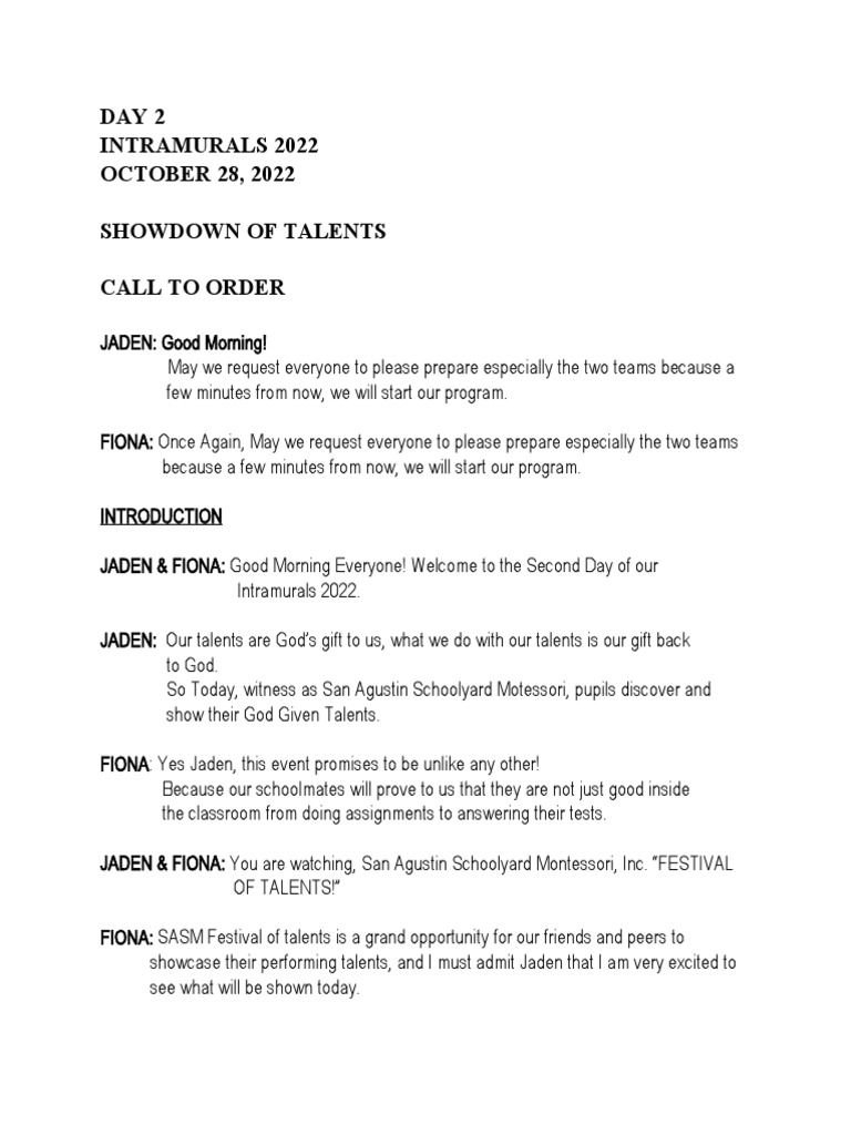 Festival of Talents Emcee Script | PDF | Singing
