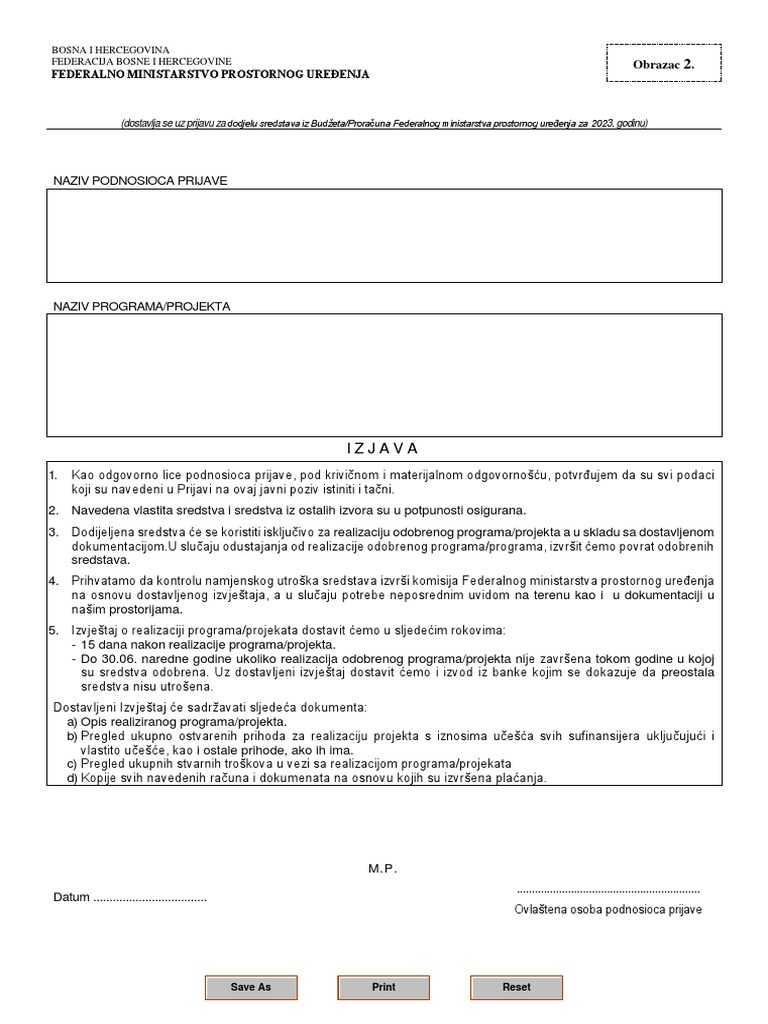 Obrazac 2 Izjava - 2023 | PDF