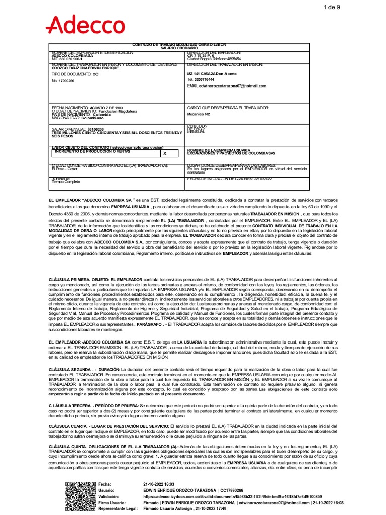 Contrato laboral para trabajo por obra o labor en Adecco Colombia S.A ...