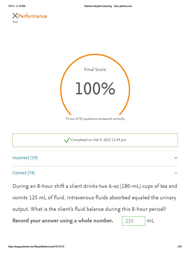 Elsevier Adaptive Quizzing Renal - Quiz Performance | PDF | Urinary Incontinence | Hemodialysis