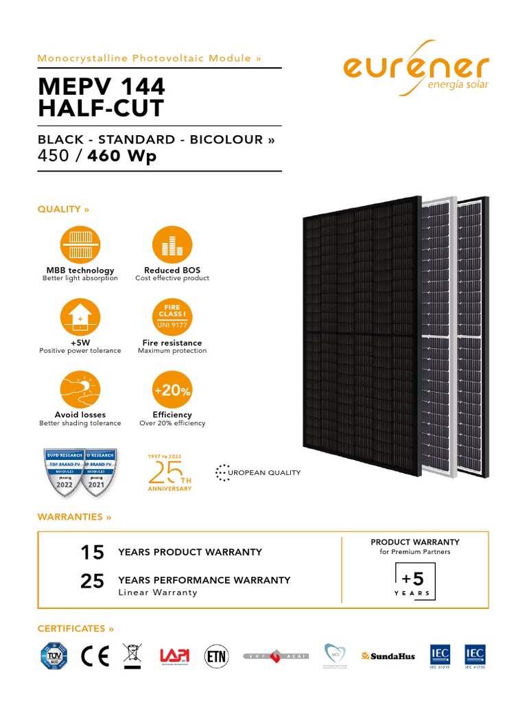 Eurener MEPV-144 HALF-CUT 450-460Wp 2022EN Unlocked | PDF | Electric ...