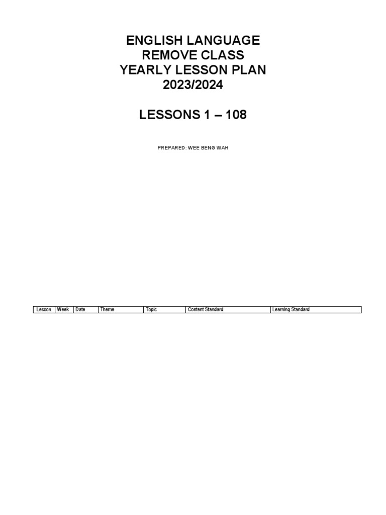 English Language Remove Class Yearly Lesson Plan 2023/2024 LESSONS 1 - 108 | PDF | Information ...