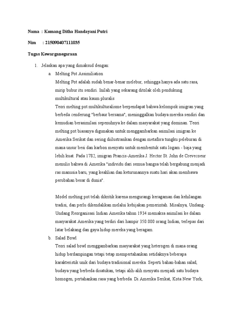 Tugas KWN 2 Melting Pot, Salad Bowl, Multiculturalism | PDF