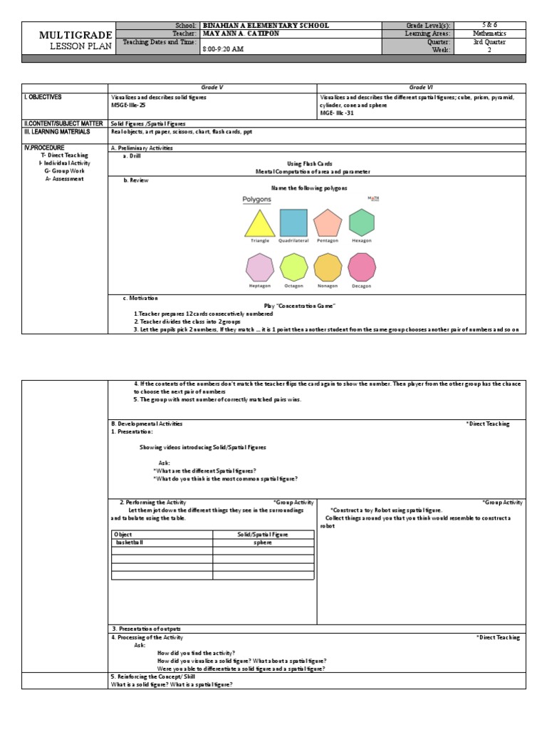LP COT1-MULTIGRADE Lesson Plan Mathematics 5&6 | PDF | Teachers | Sphere