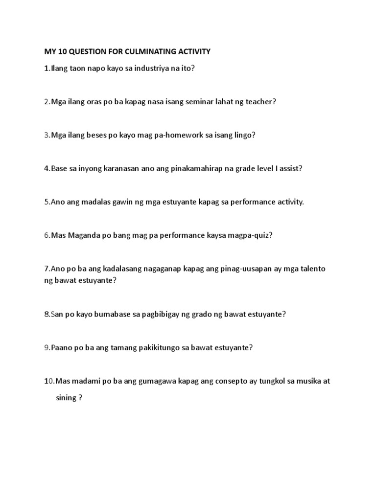 My 10 Question For Culminating Activity | PDF