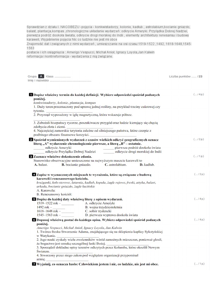 Sprawdzian Z Działu I Kl. 6 | PDF