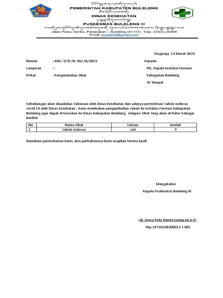 Surat Pengembalian Obat | PDF