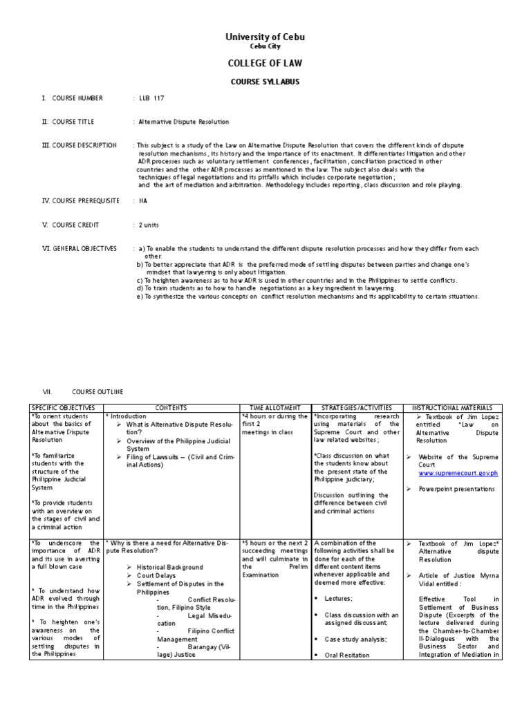 University of Cebu College of Law: Course Syllabus | PDF | Alternative Dispute Resolution ...