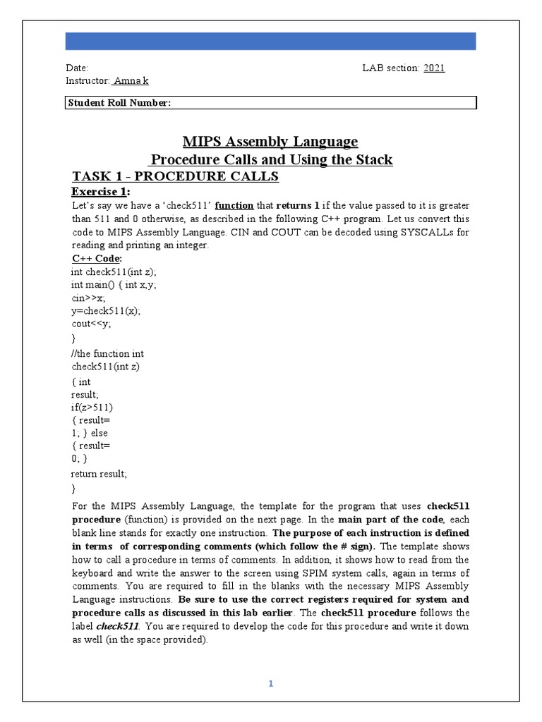 Mips Assembly Language Procedure Calls And Using The Stack Pdf Pointer Computer Programming 1194