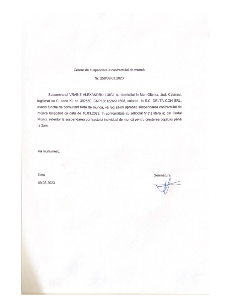 Cerere de Suspendare A Contractului de Muncã | PDF