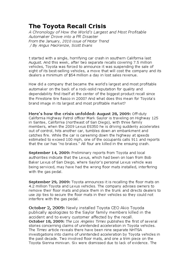 The Toyota Recall Crisis | PDF | Toyota | Vehicles