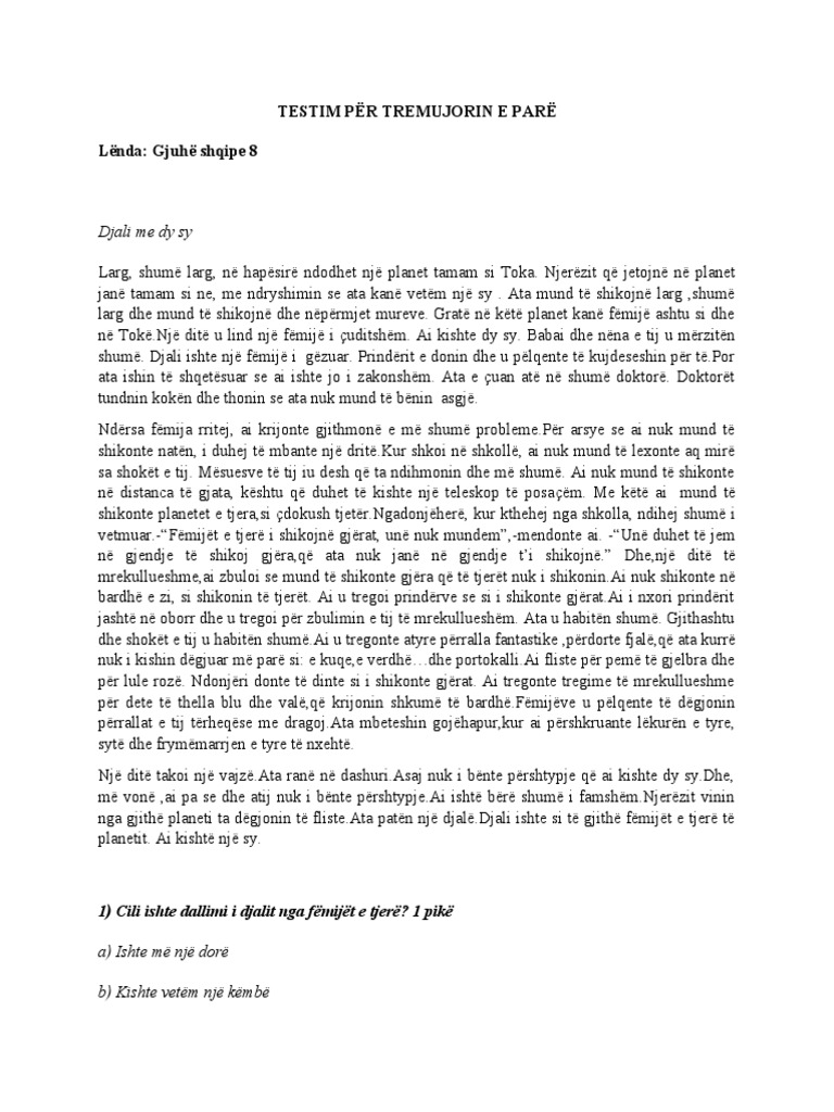 Gjuha Shqipe 8 - Test 1 | PDF