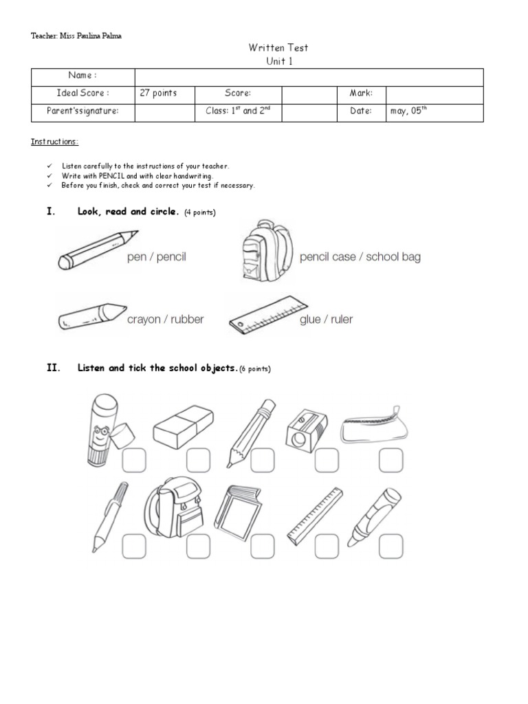 Student Assessment Test on School Objects | PDF