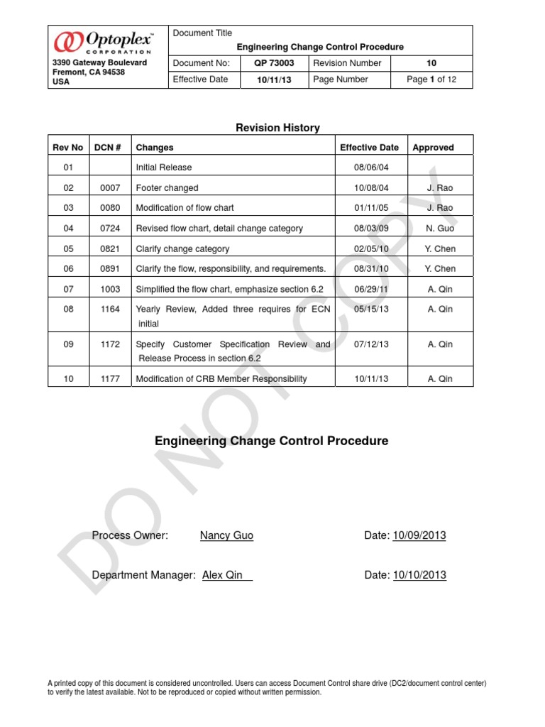 QP 73003 Rev 10 Engineering Change Control Procedure | PDF ...