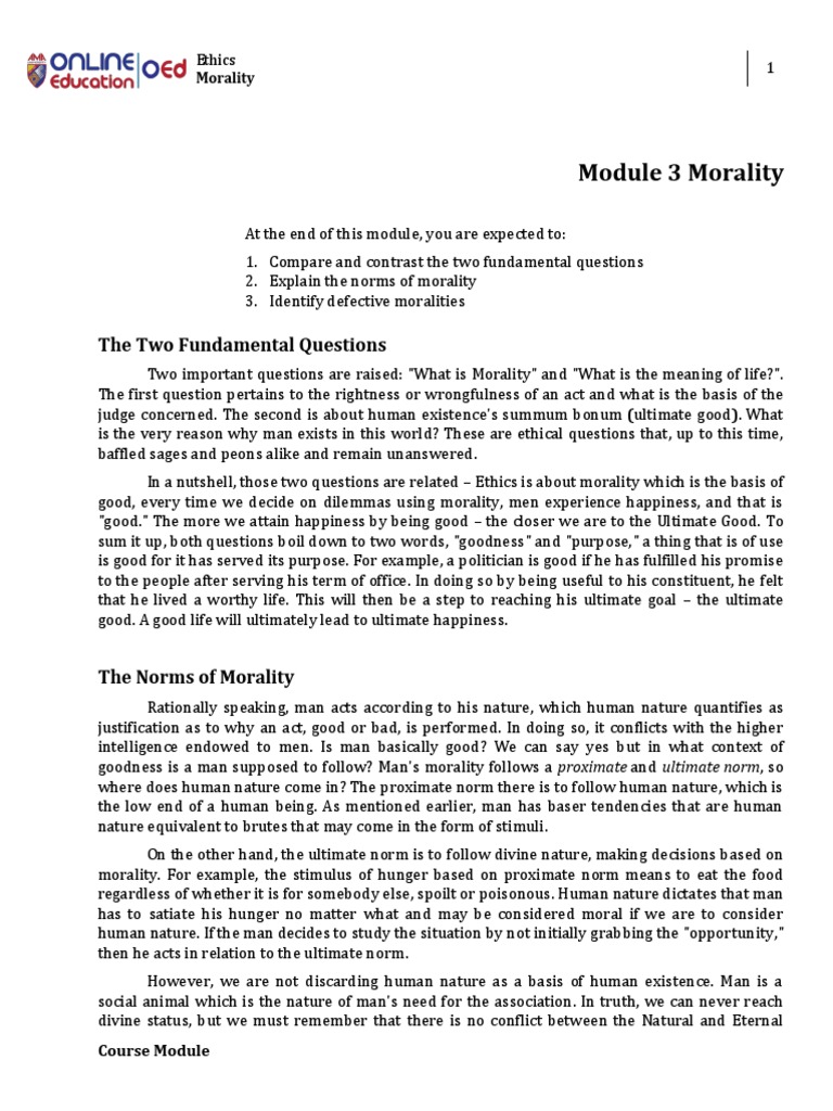 Module 3 - Morality PDF | PDF | Utilitarianism | Reason