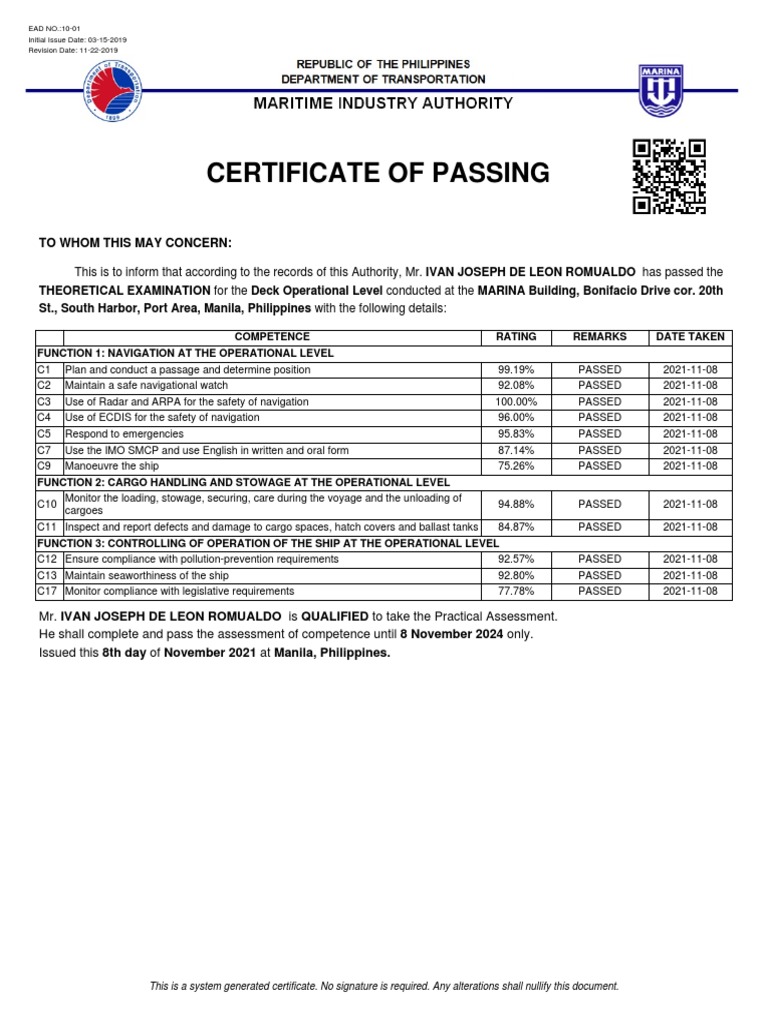 Oic Cert of Passing | PDF | Transport | Freight Transport
