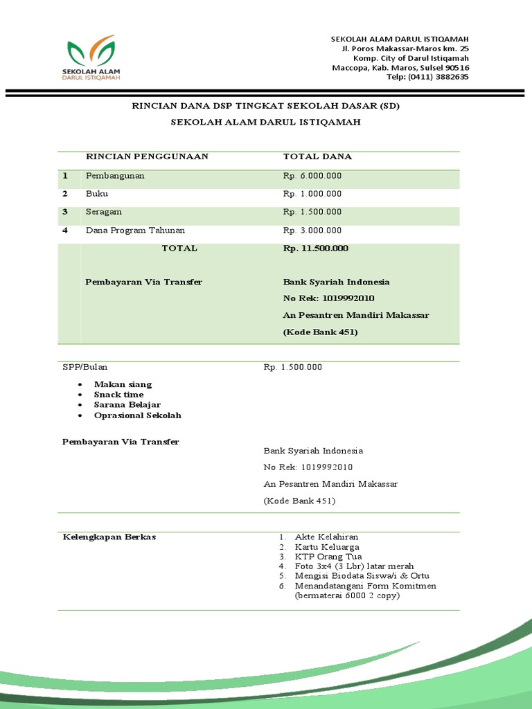 Biaya Pangkal SD SADIQ PDF | PDF