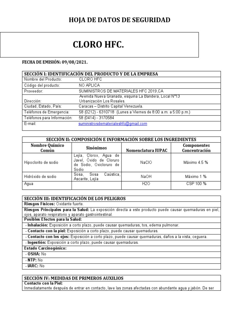 HOJA SEGURIDAD CLORO HFC Final | PDF | Cloro | Agua