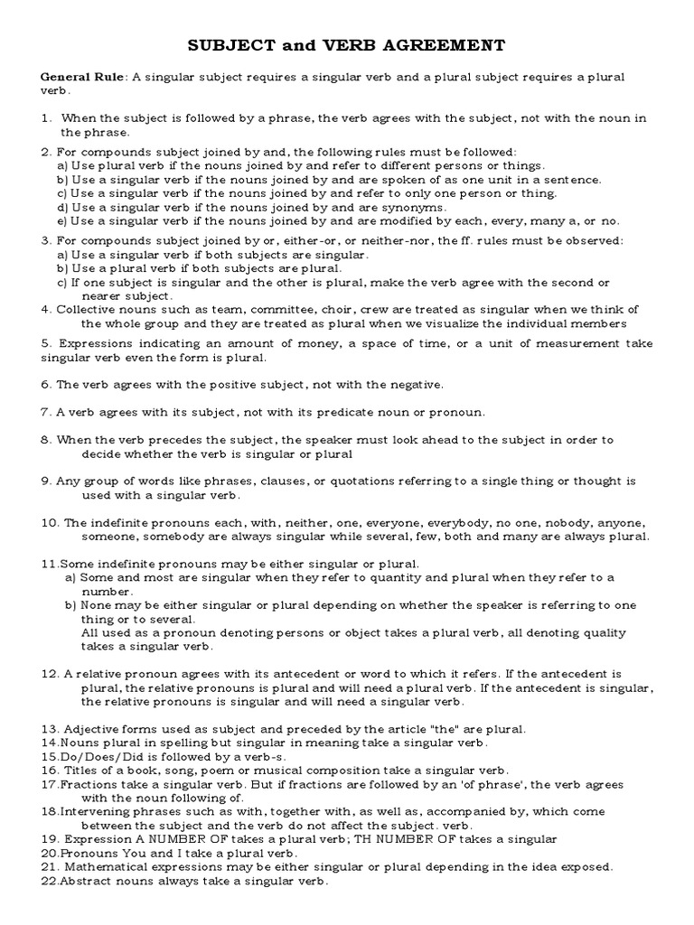 SUBJECT and VERB AGREEMENT | PDF | Grammatical Number | Plural