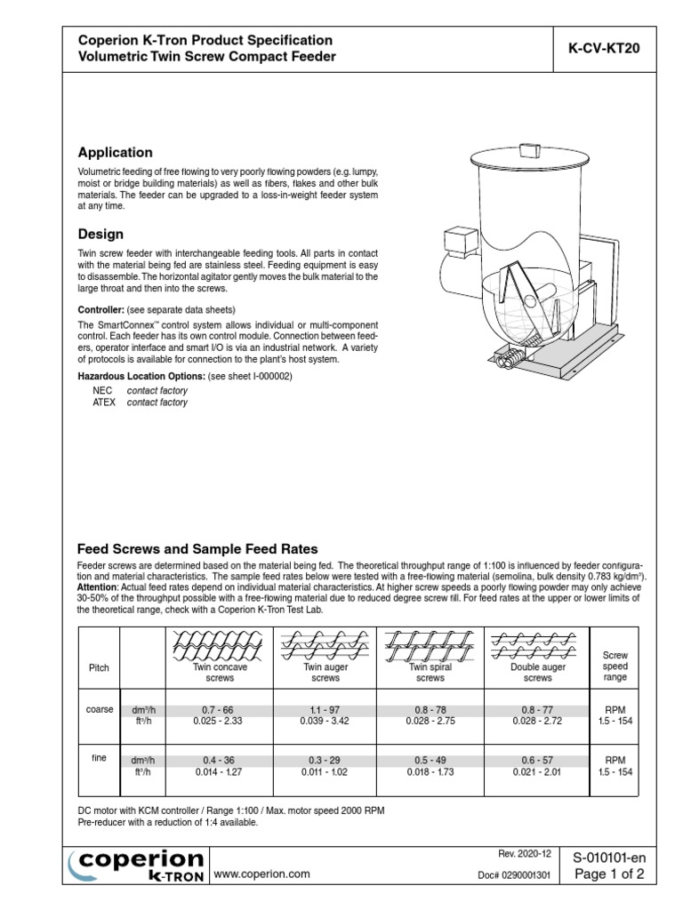 K-CV-KT20 Coperion K-Tron Product Specification Volumetric Twin Screw ...