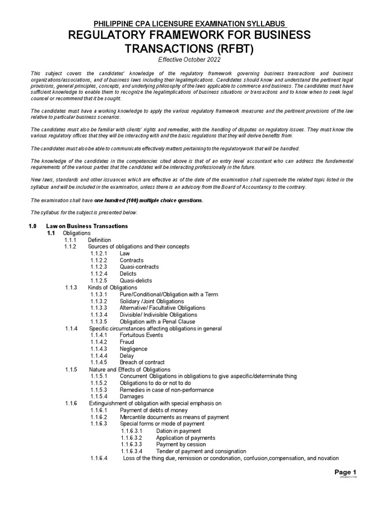 RFBT Syllabus - Oct 2022 CPALE | PDF | Corporations | Partnership