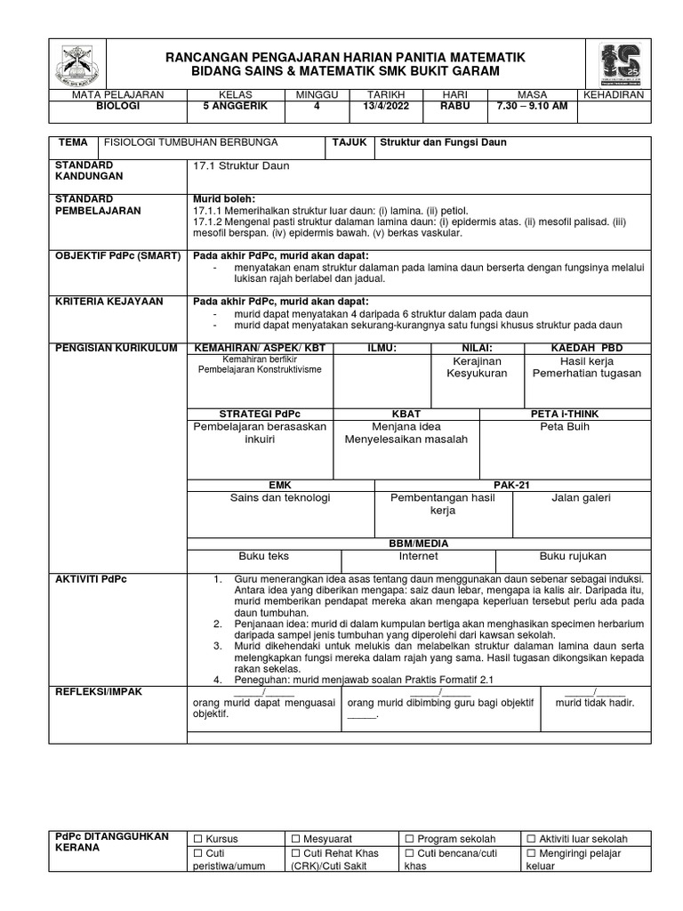 RPH - KBAT - Biologi - 17.1 Struktur Daun | PDF