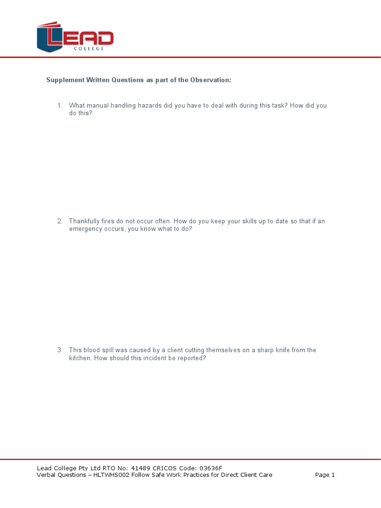 HLTWHS002 Follow Safe Work Practices for Direct Client Care | PDF