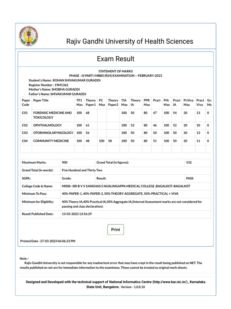 Rajiv Gandhi University of Health Sciences Exam Result | PDF | Health Sciences | Public Services