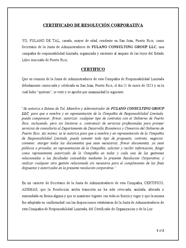 Certificado de Resolución Corporativa | PDF | Puerto Rico | Corporaciones
