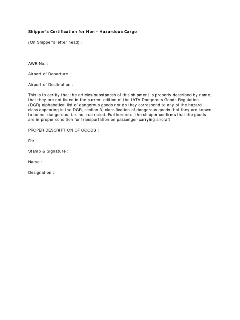 Non-Hazardous Cargo Certification | PDF