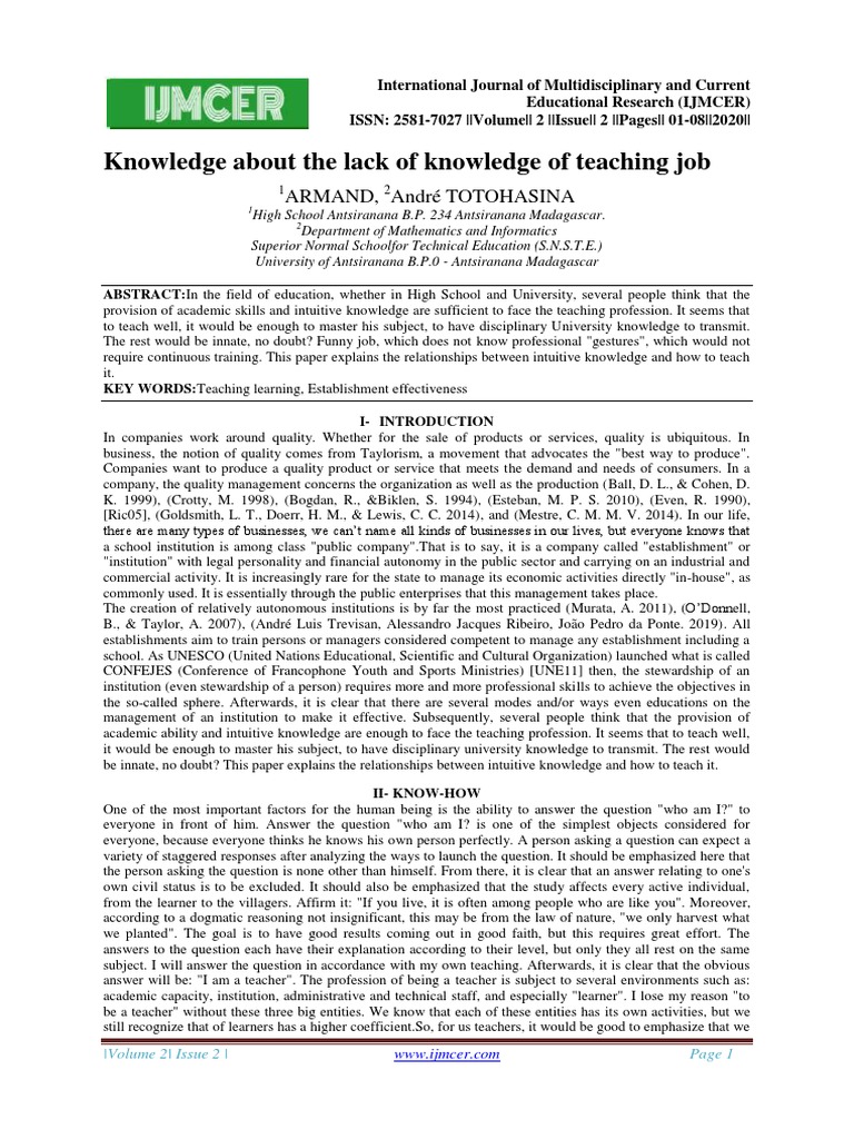 IJMCER - A0220108 Paper 31026 | PDF | Knowledge | Teachers