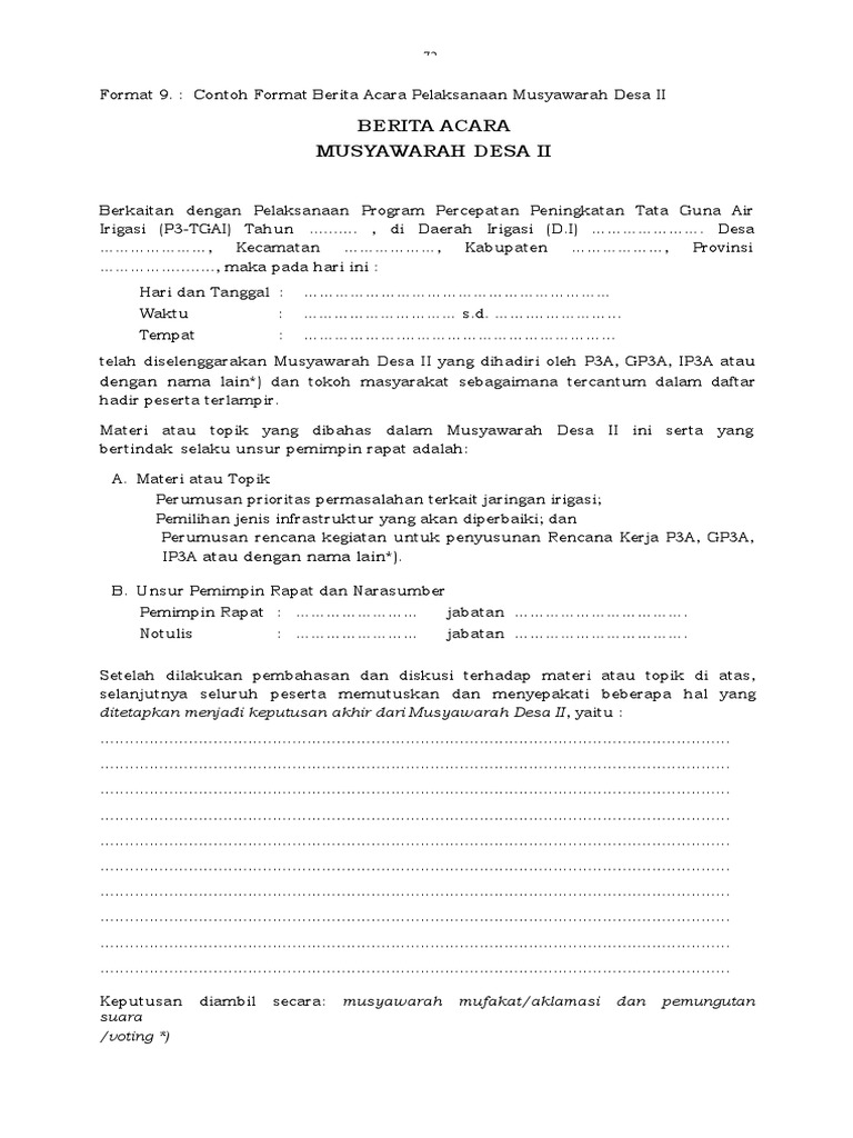FORMAT 9 Contoh Format Berita Acara Pelaksanaan Musyawarah Desa II-1 | PDF