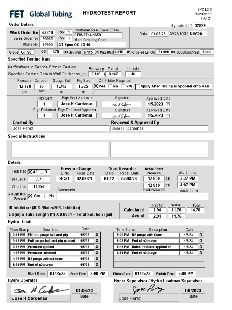 Hydrotest Report String # 12800 | PDF | Industrial Processes | Pressure